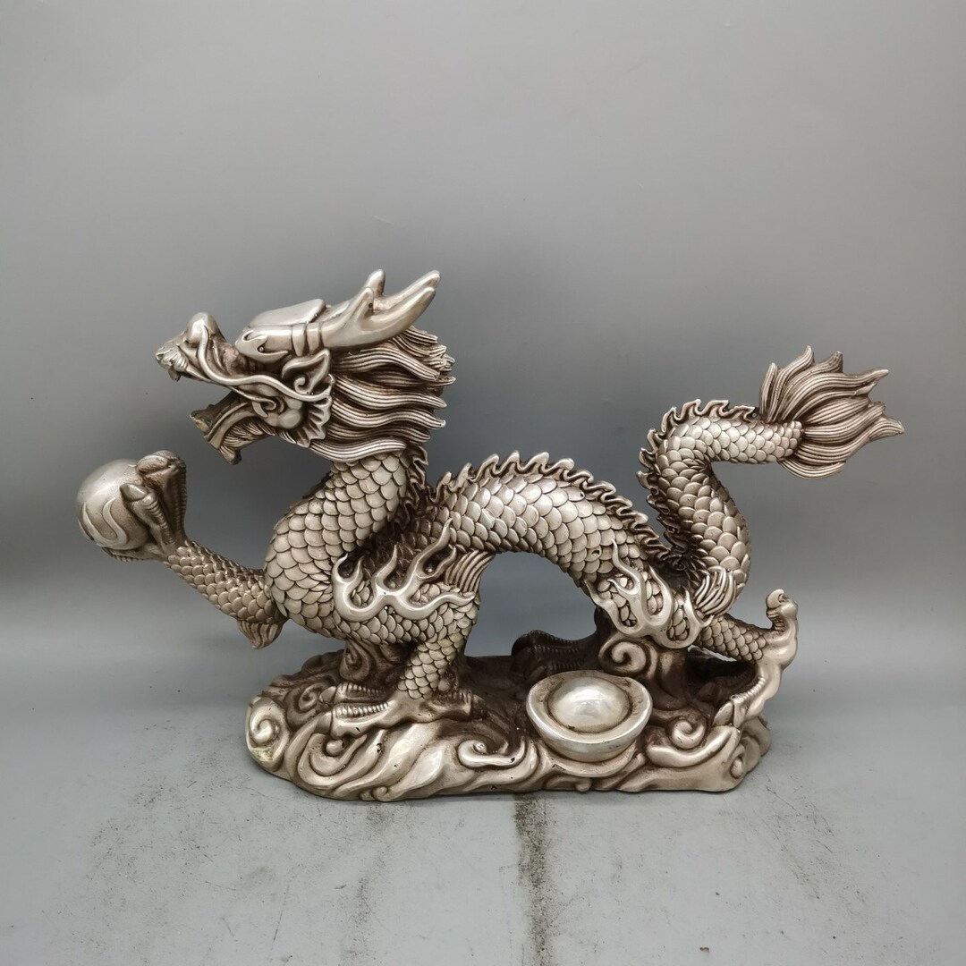 Chinese Handmade Carved Tibetan Silver Dragon Statue Ornaments ...