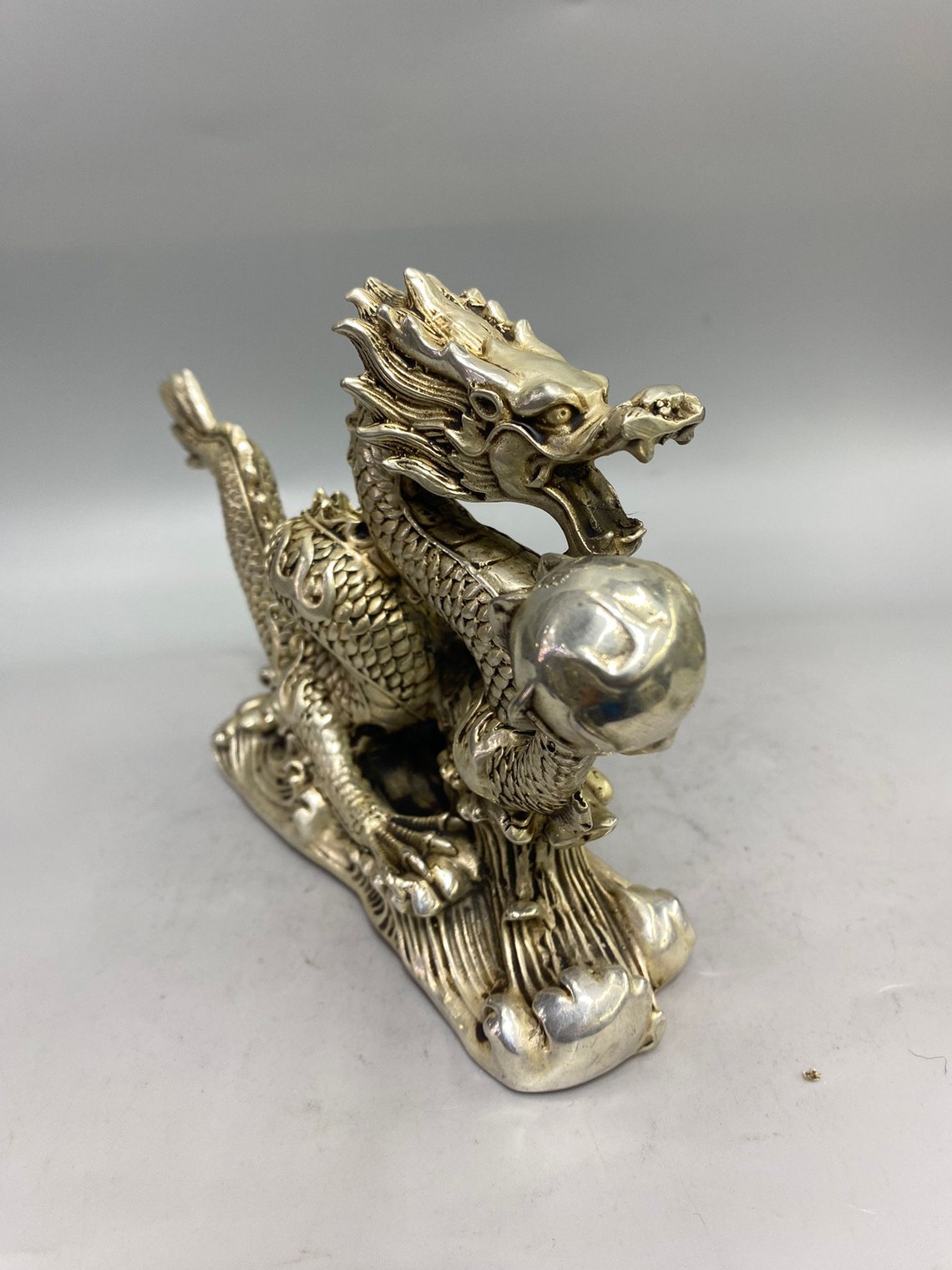 Handcarved Tibetan Silver Dragon Statue Ornament, Unique and Rare ...