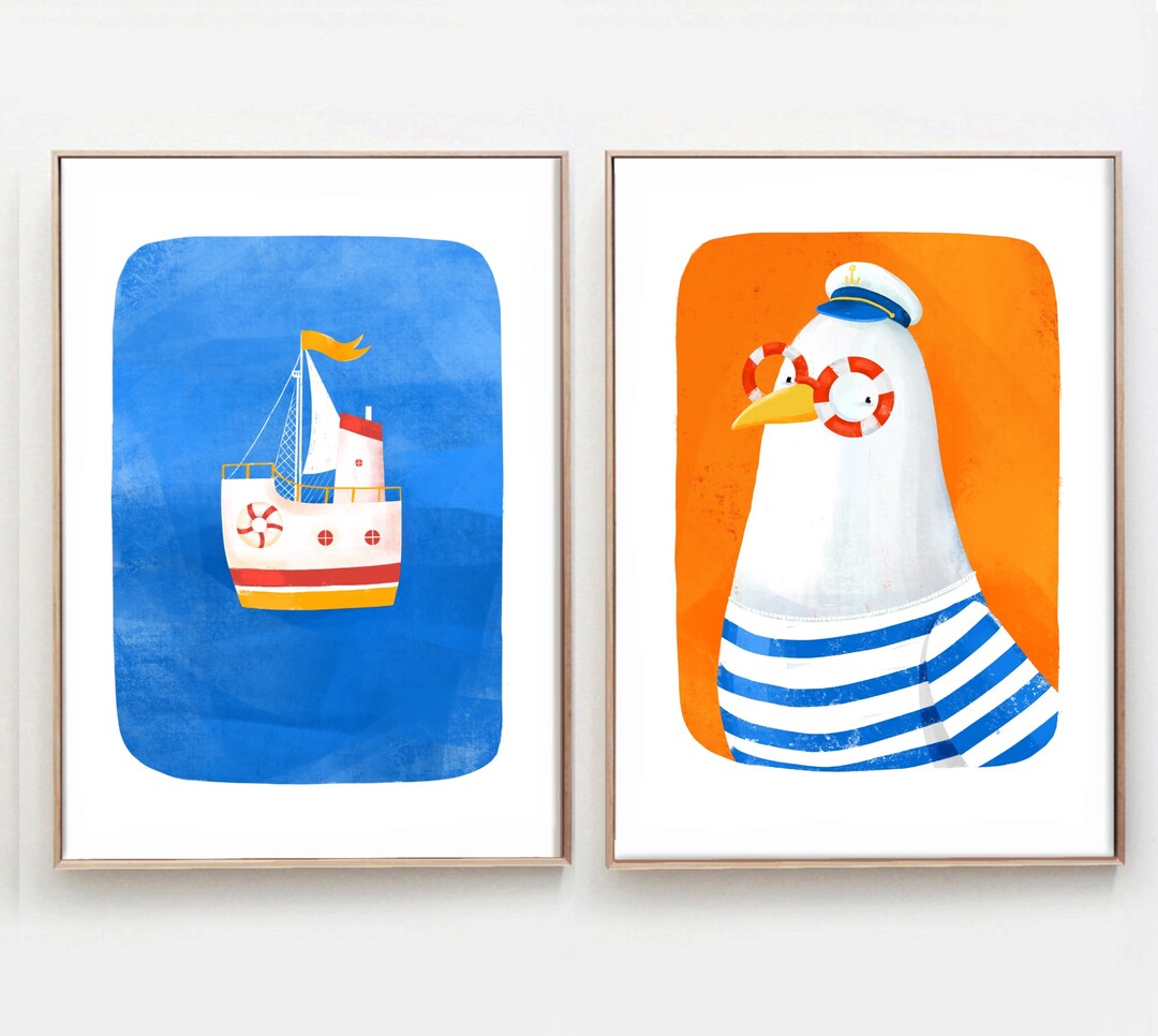 Seagull the Captain Wall Art Set Nautical Childrens Prints - Etsy
