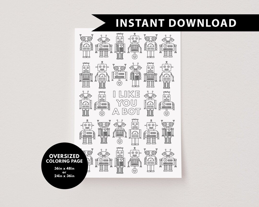 Valentines Day Robots Giant Coloring Page | Valentines Day Gift for ...