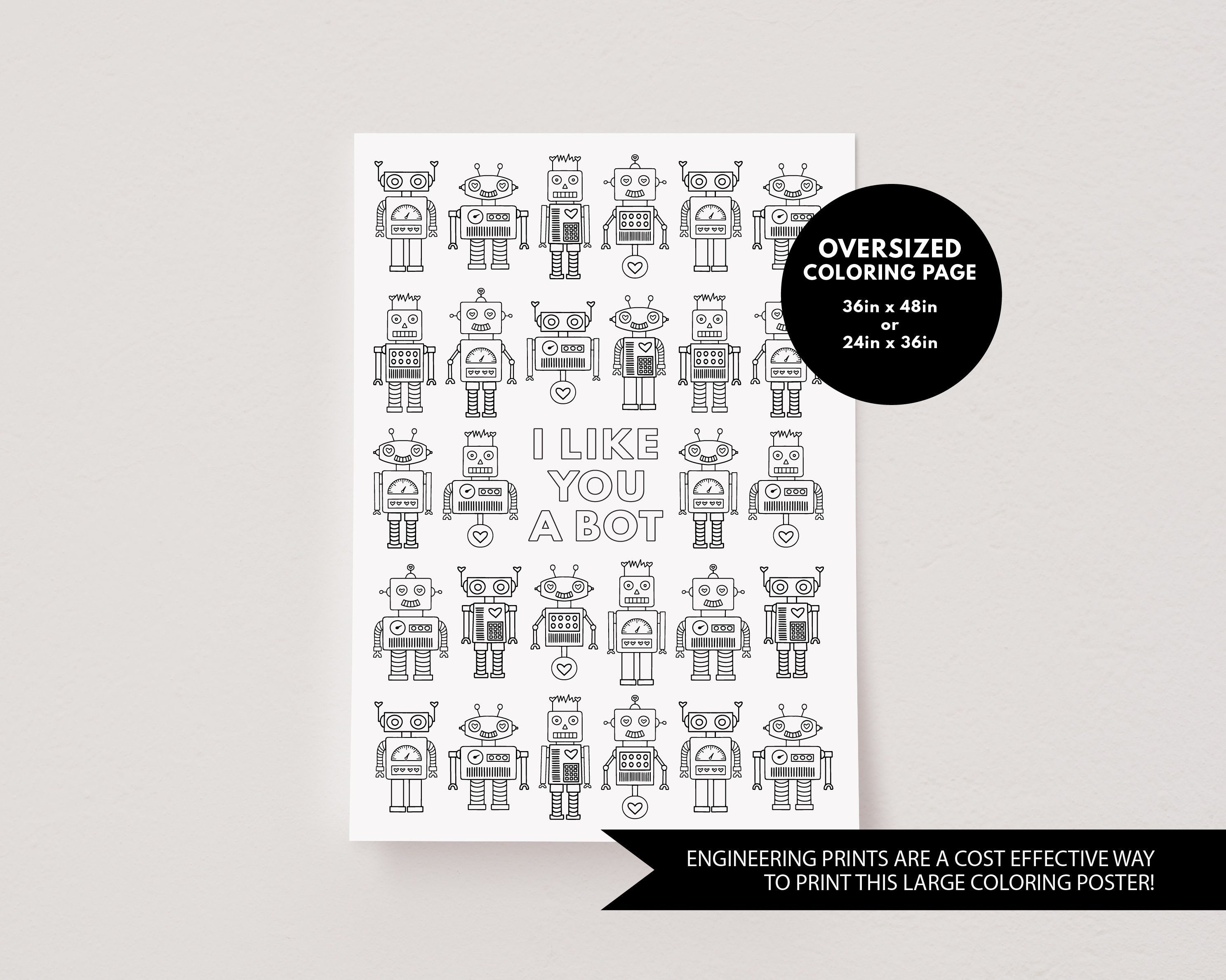 Valentines Day Robots Giant Coloring Page | Valentines Day Gift for ...