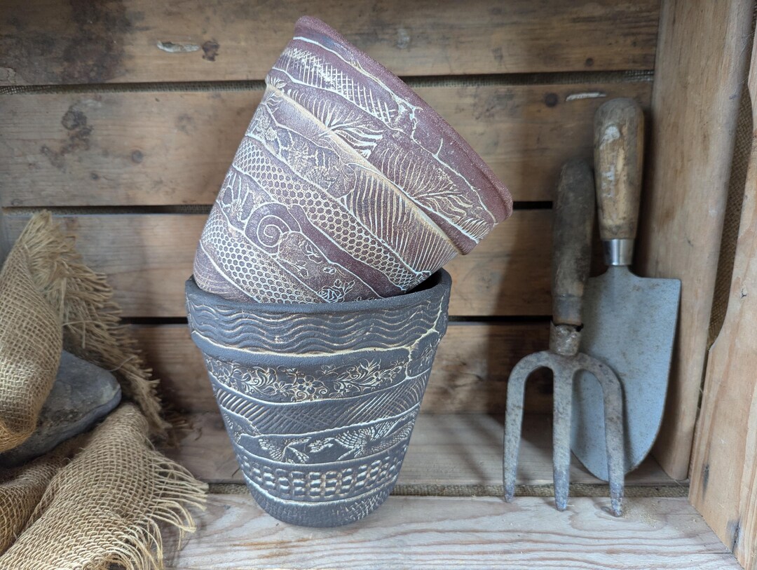 Stoneware Flower Pots With Embossed Patterning - Etsy