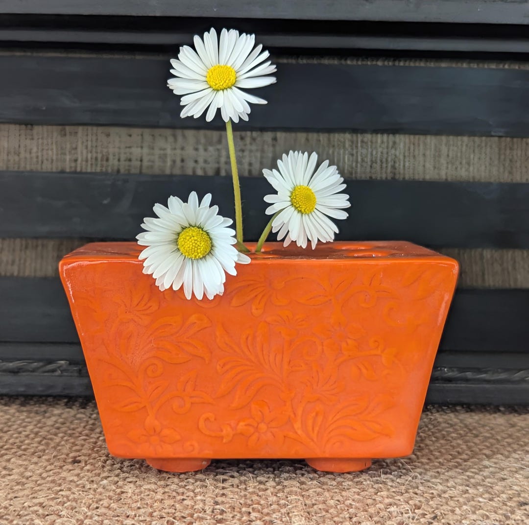 Handmade Flower Brick Vase: Embossed Ceramic Floral Decor - Etsy