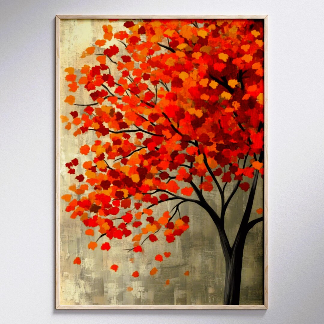 Autumn Tree Wall Art, Modern Fall Leaves Painting Print (digital ...