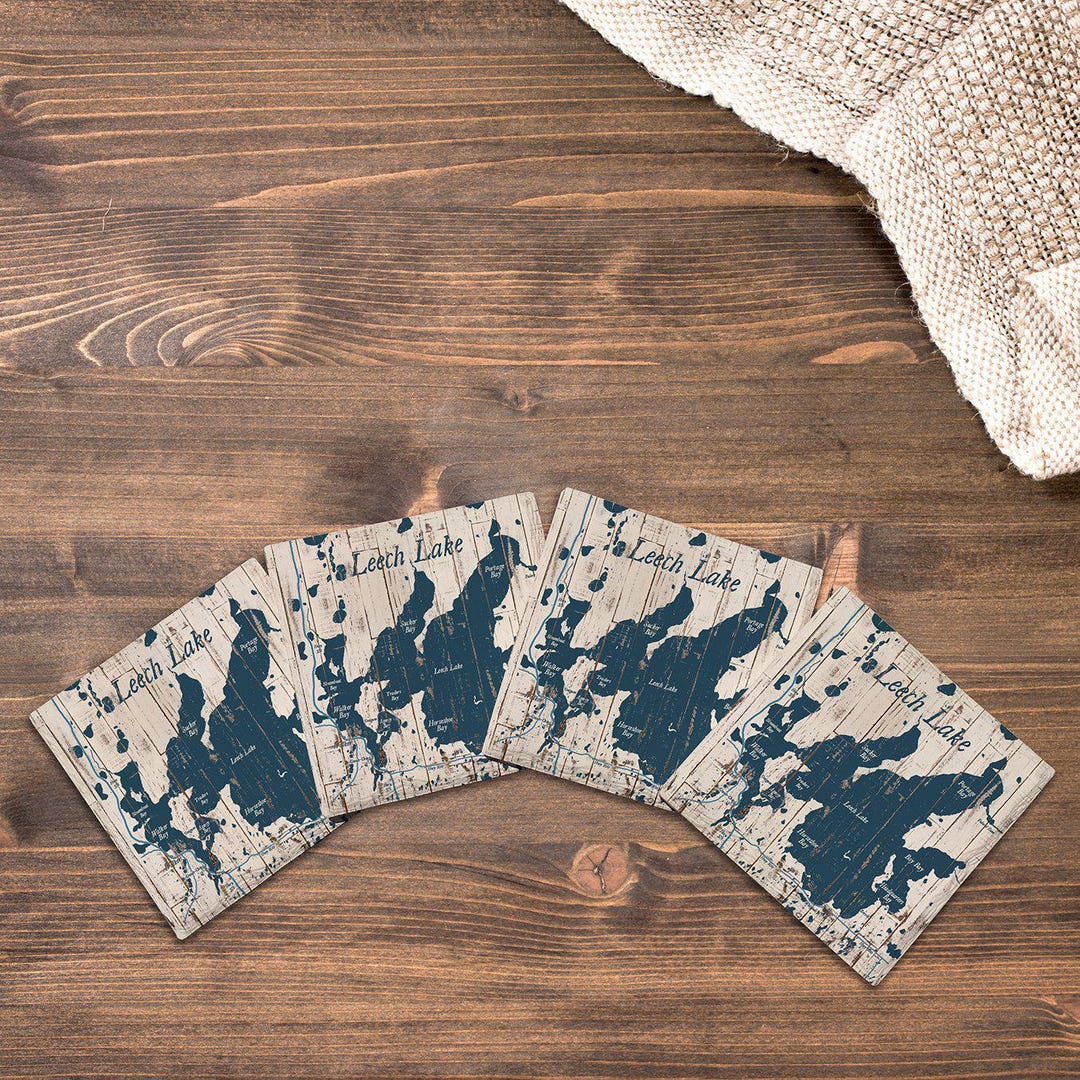 Leech Lake, Minnesota Map Coasters | Drink Coaster Set of 4 | Absorbent ...