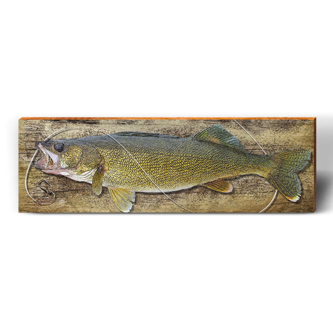 Walleye Fish Hook Wooden Sign Wall Art Print on Real Wood Cabin ...