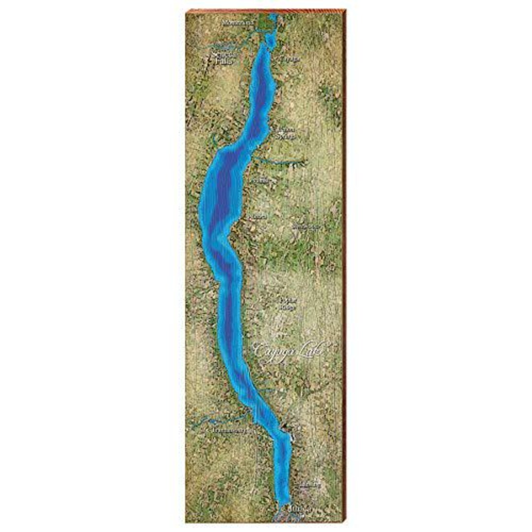 Letrero de madera con el mapa del lago Cayuga, Nueva York / Impresión ...