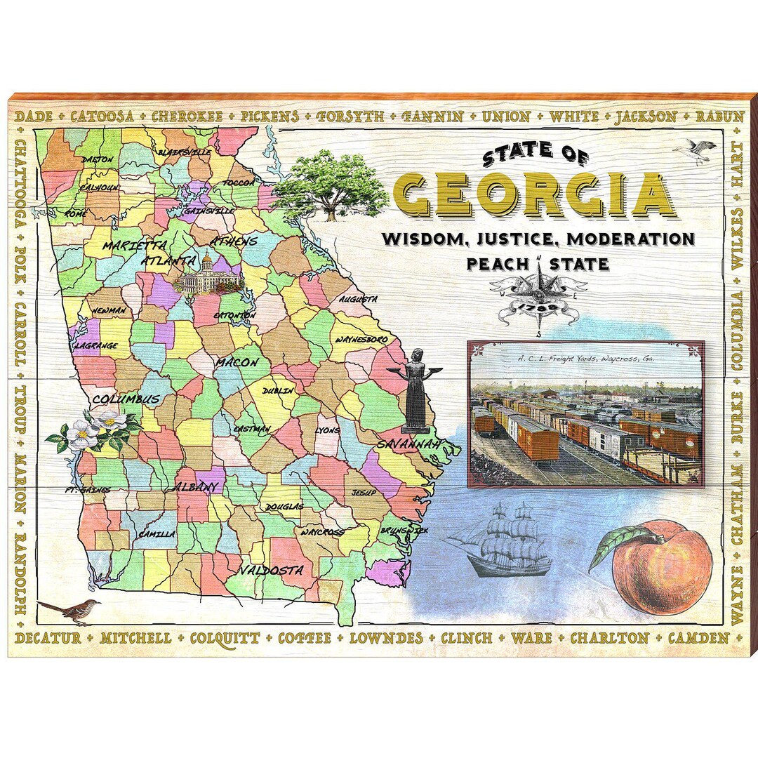 State of Georgia Map | Wall Art Print on Real Wood - Etsy
