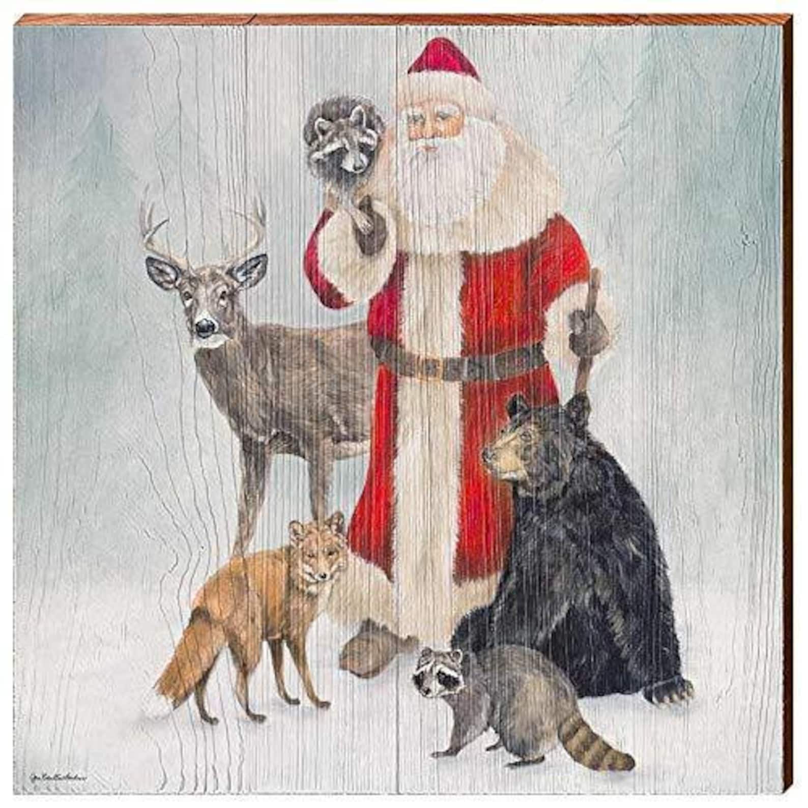 Santa With Animals Home Decor Art Print on Real Wood - Etsy