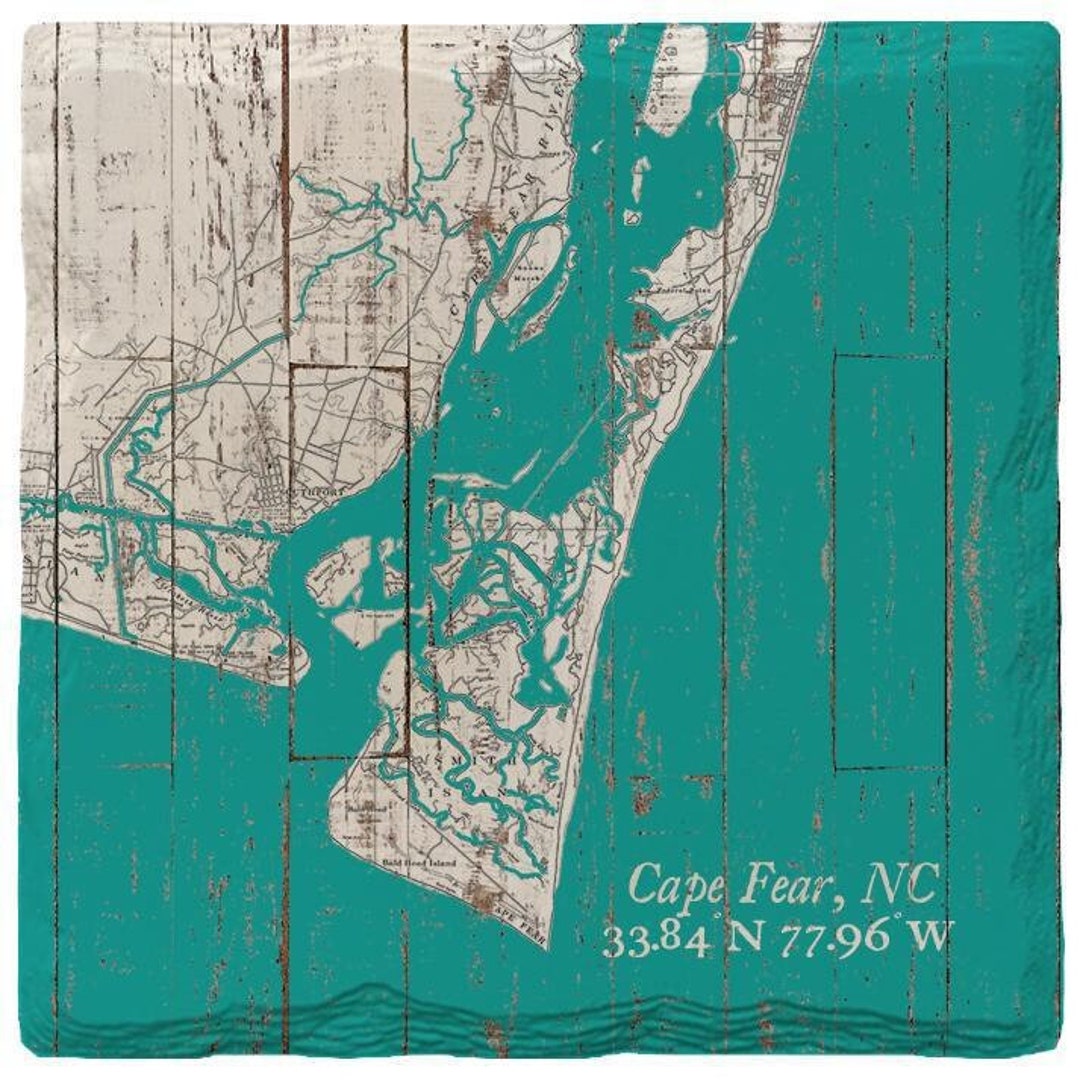 Cape Fear, NC Teal & White Shabby Map Coaster Set - Etsy
