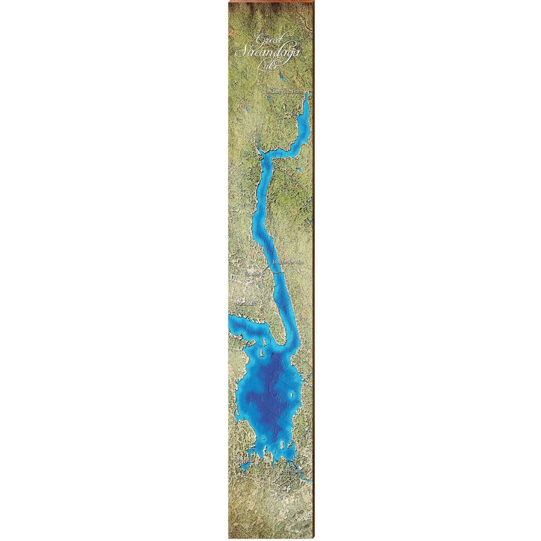 Letrero de madera con el mapa del lago Sacandaga, Nueva York ...