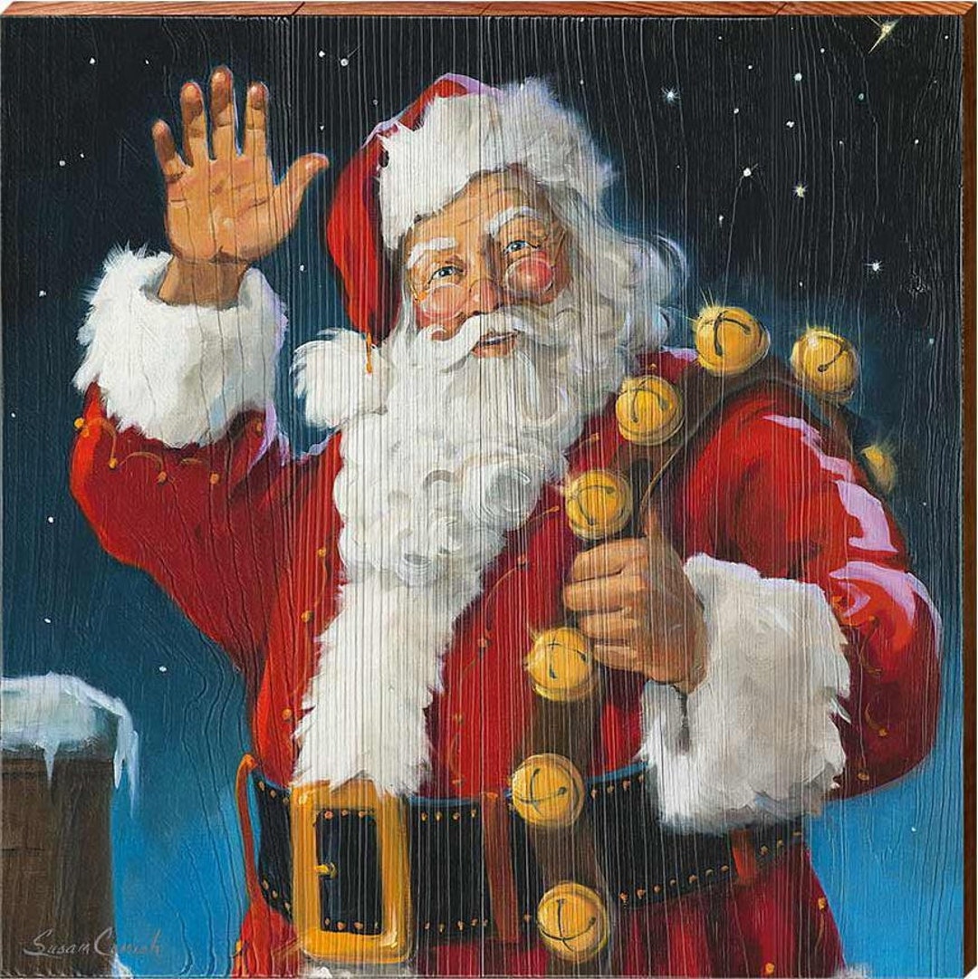 Susan Comish santa on the Rooftop Wall Art Print on Real Wood - Etsy