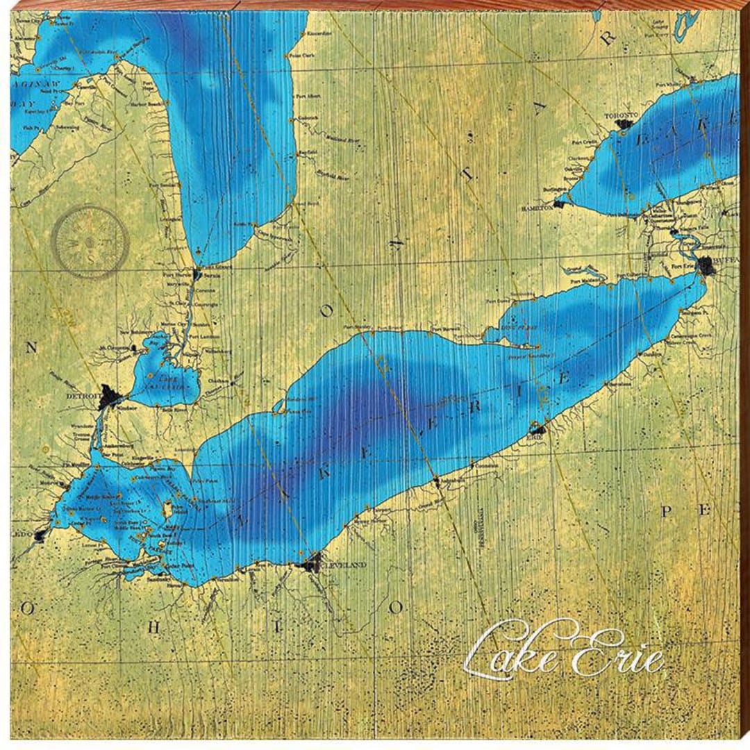 Lake Erie Map Great Lakes Wooden Sign Wall Art Print on Real Wood - Etsy