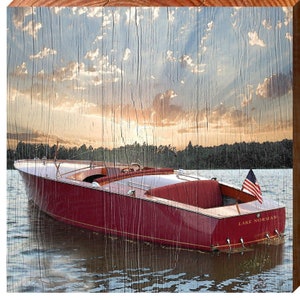 Lake Norman Vintage Boat Sunset Wall Art Print on Real Wood - Etsy