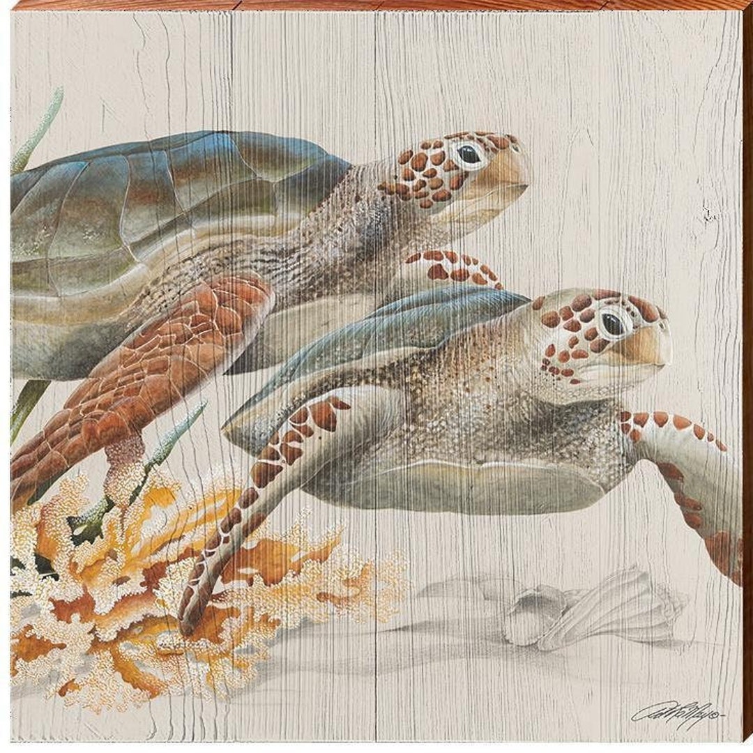 Sea Turtle Duo Wooden Artwork Wall Art Print on Real Wood Artist: Art ...