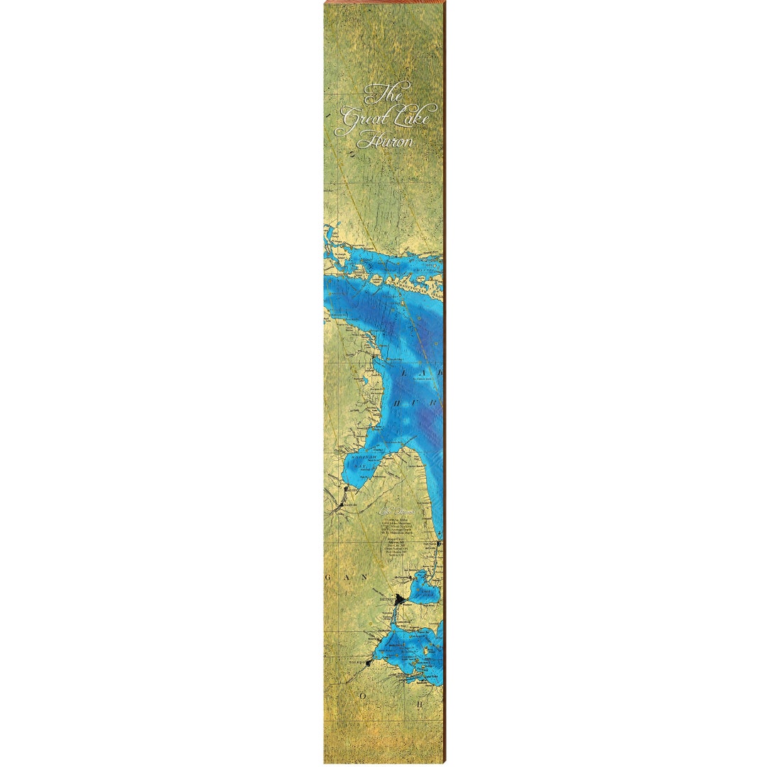 Letrero de madera con el mapa de los Grandes Lagos del lago Hurón ...