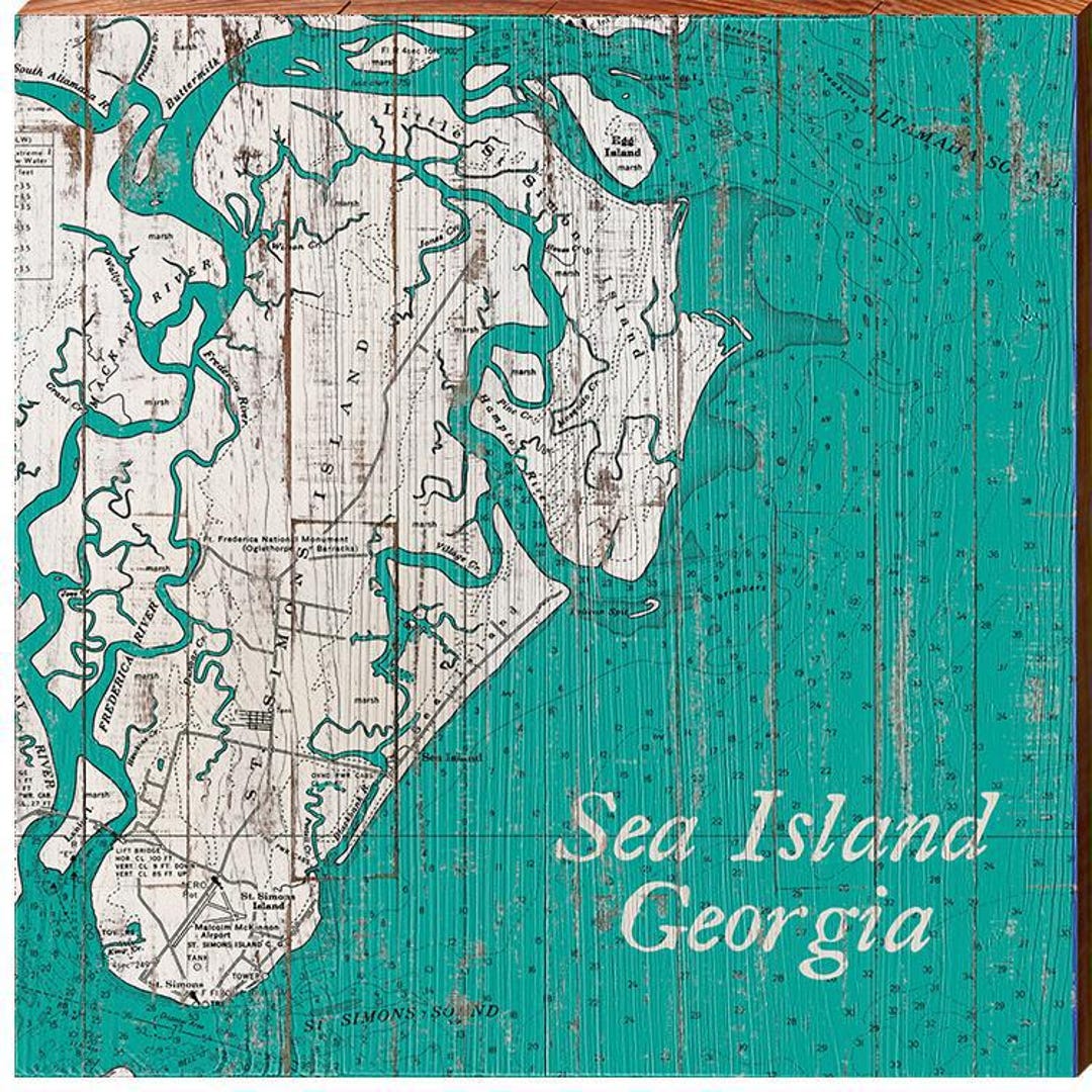 Sea Island, Georgia Teal & White Shabby Map | Wall Art Print on Real ...