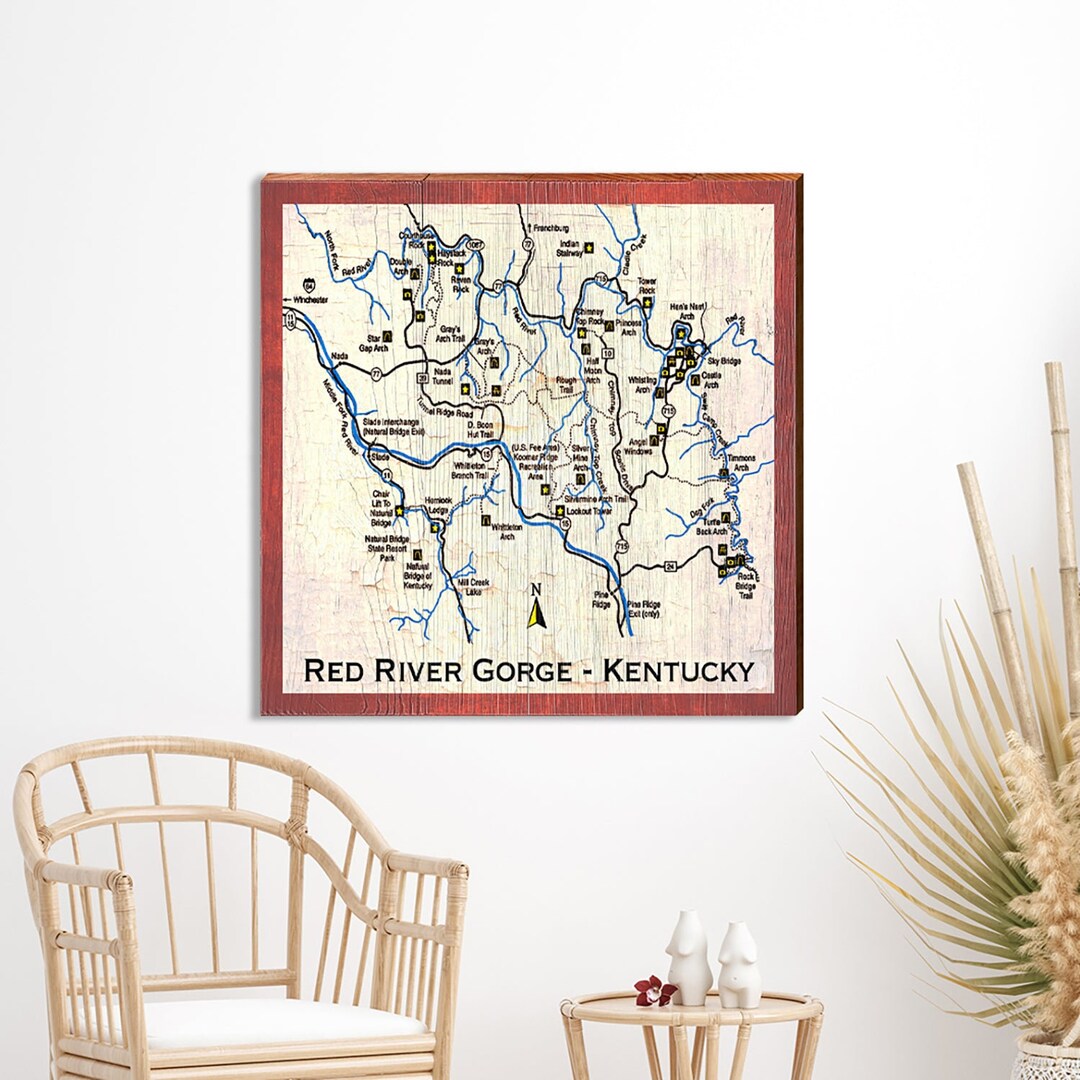 Red River Gorge, Kentucky Red Border Map Sign Wall Art Print on Real ...