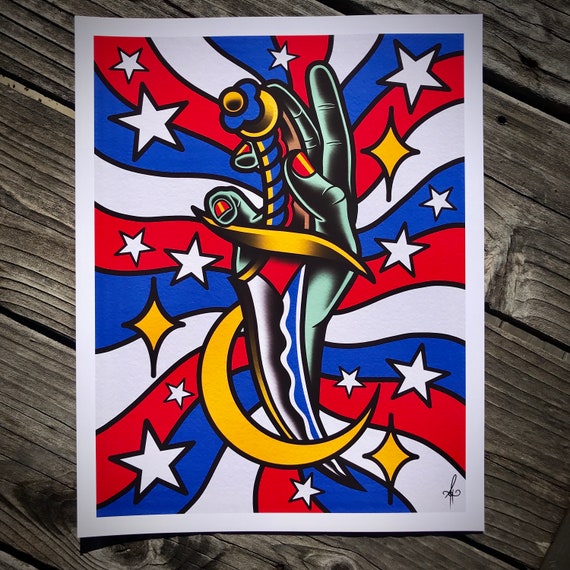 Art & Collectibles Prints USA Neo-Traditional Hand Dagger & Moon Sailor ...