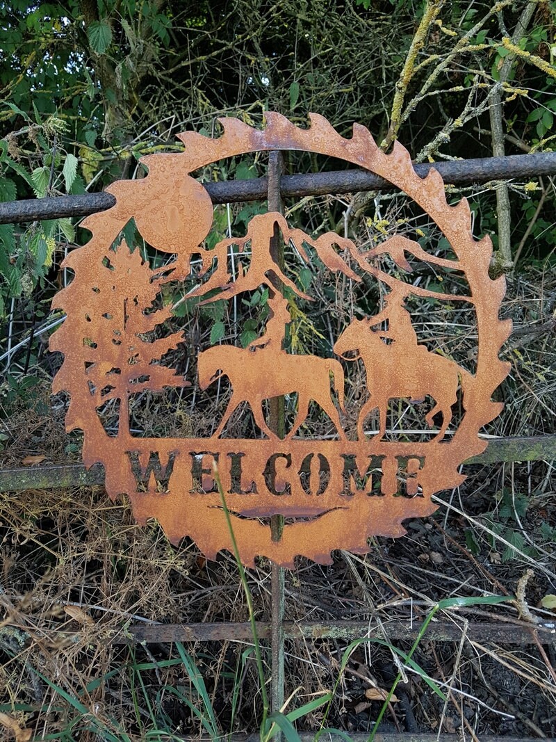 Rusty Metal Welcome Sign Cowboy Horseback Riders in Sawblade | Etsy