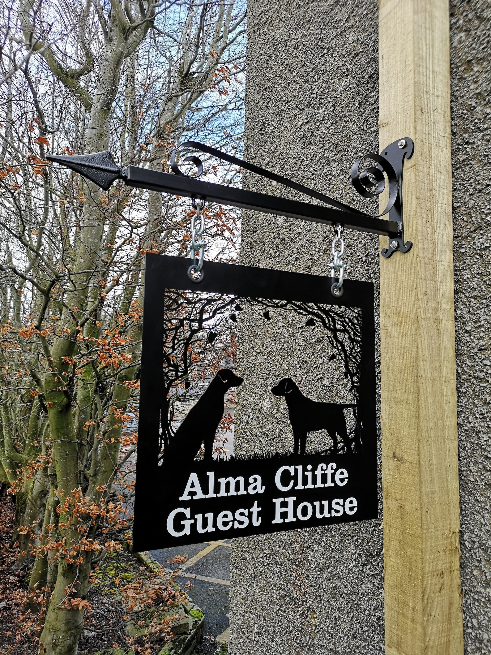 Hanging Metal Dog Sign With Custom House Name / Hanging Shop Sign ...