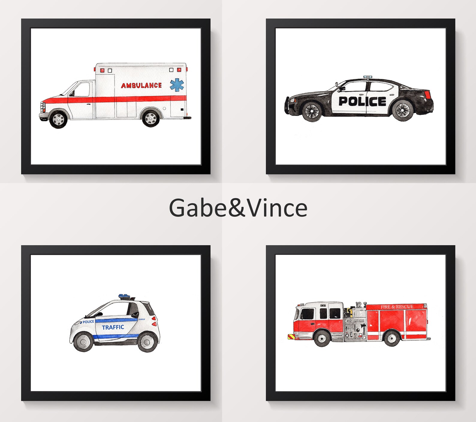 Printable Emergency Rescue Vehicles, Set of 4, Printable Watercolor ...