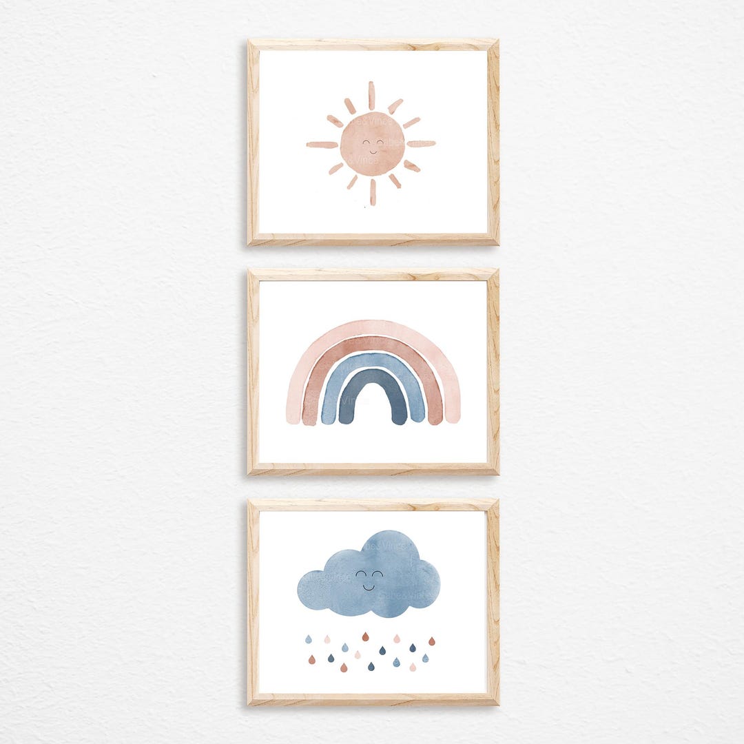 Printable Nursery Wall Art, Sun Rainbow Cloud, Set of 3 Prints, Rainbow ...