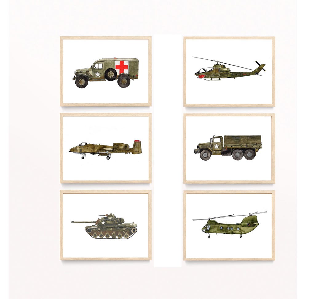 Army Vehicle Prints | Set of 6 Military Wall Art for Kids | Helicopter ...