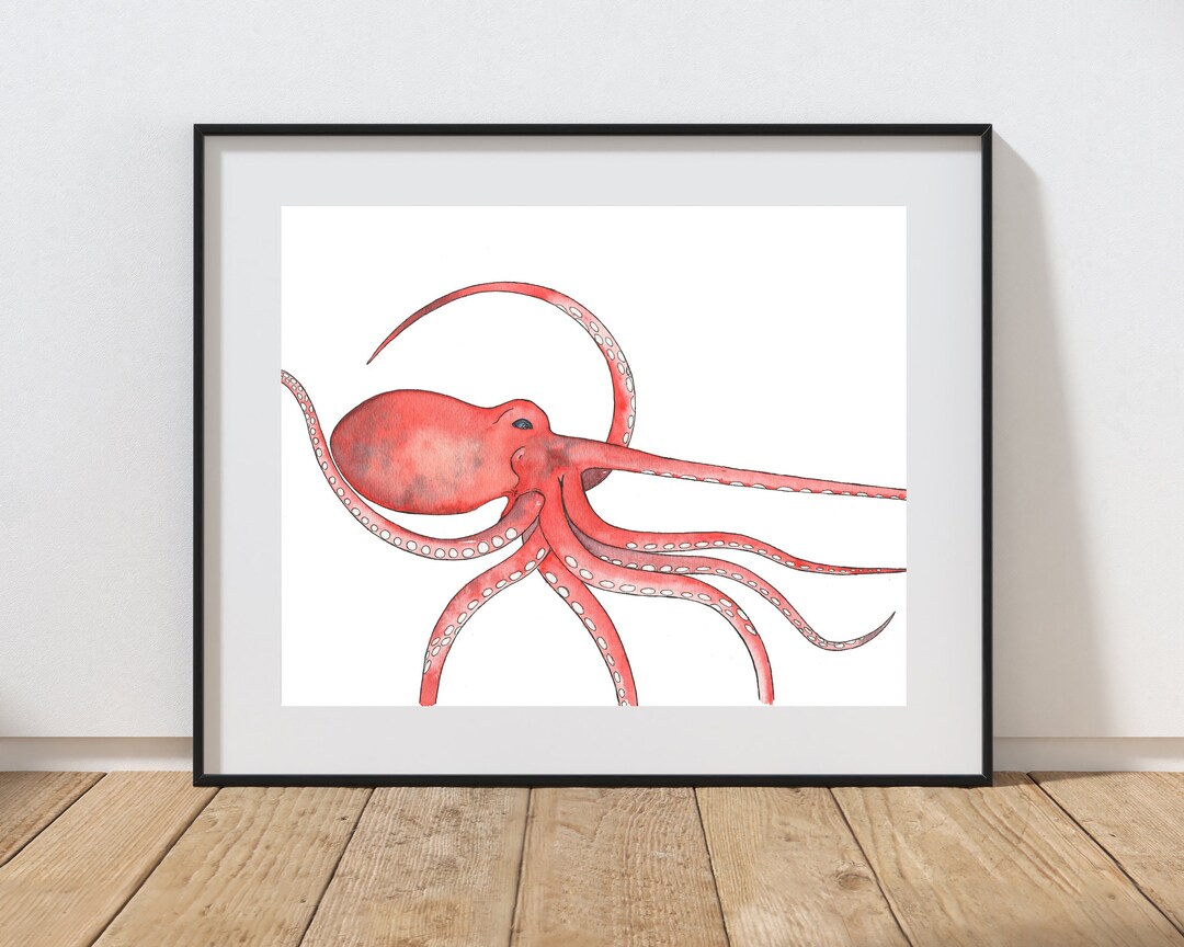 Red Octopus Watercolor Print, Red Octopus Print, Octopus Wall Art, Sea ...