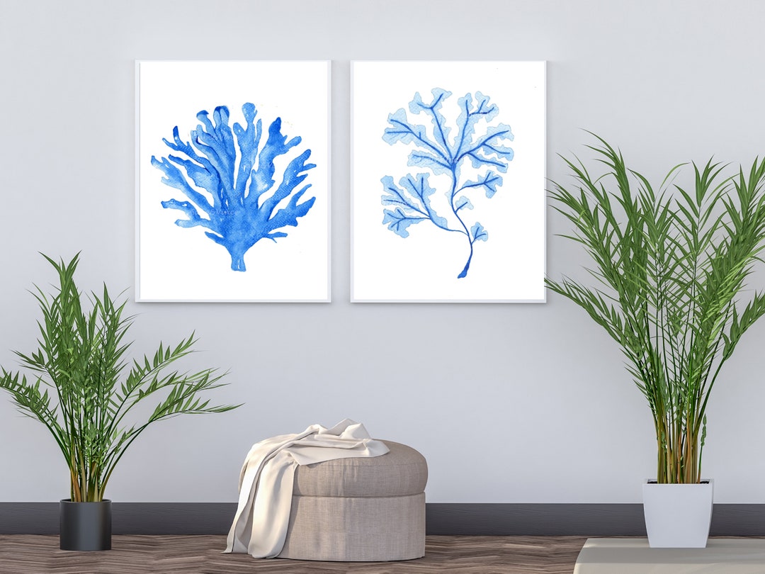 Blue Seaweed Watercolor Prints, Blue Seaweed Print, Set of 2, Coastal ...