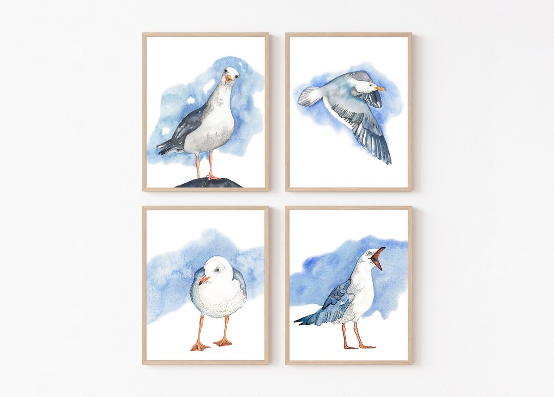 Watercolor Seagull Art Prints: Coastal Beach House Decor (digital ...