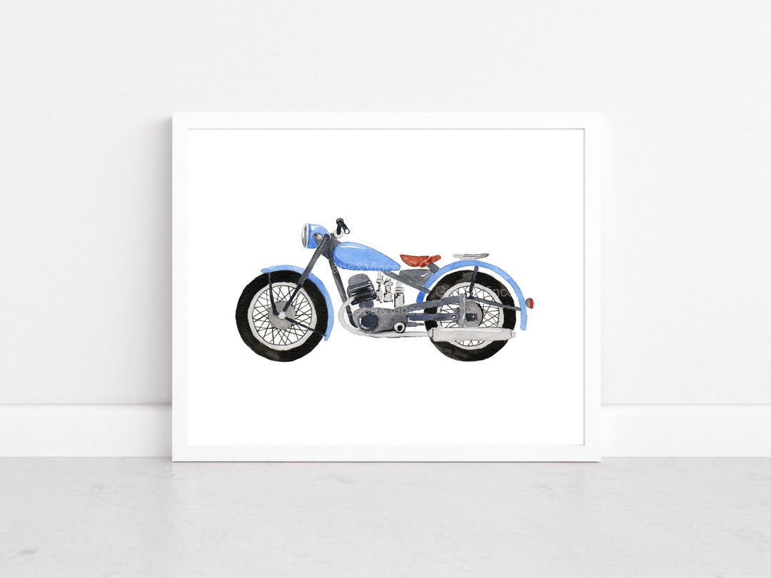 Printable Blue Vintage Motorcycle, Blue Motorcycle, Travel Nursery Wall ...