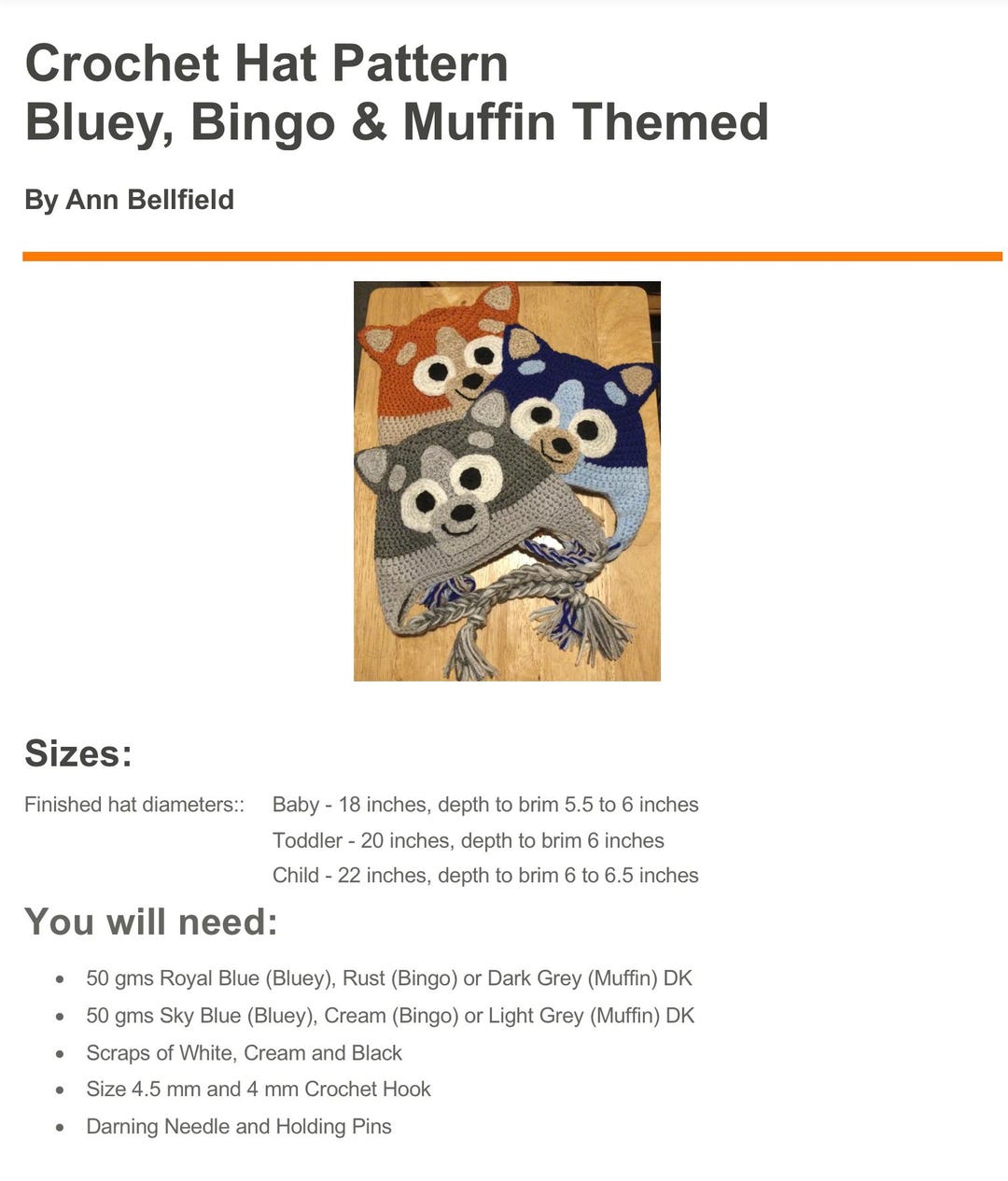 Bluey Inspired Character Hat Illustrated Crochet Pattern Size Baby to 8 ...