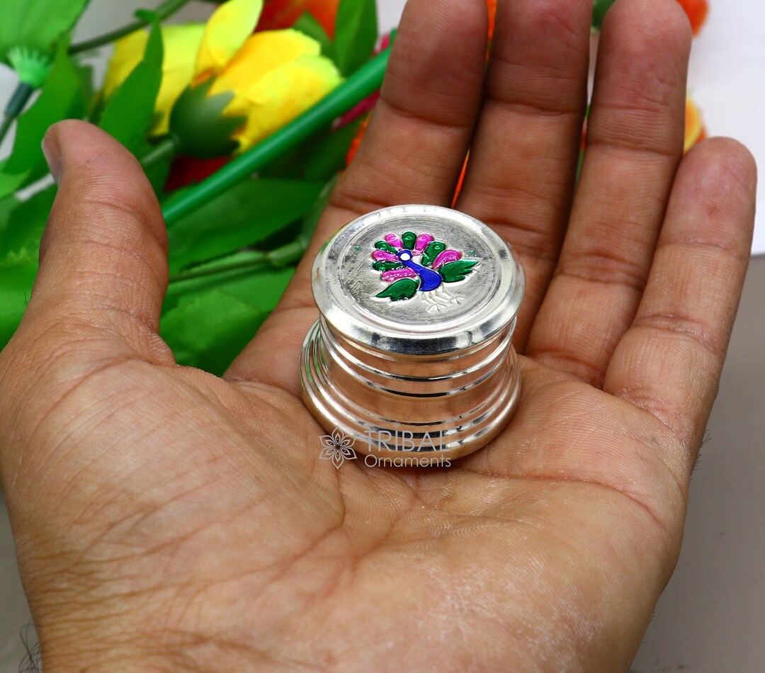 999 Pure Silver Trinket Box, Kajal Box Brides Round Shape Box Peacock ...