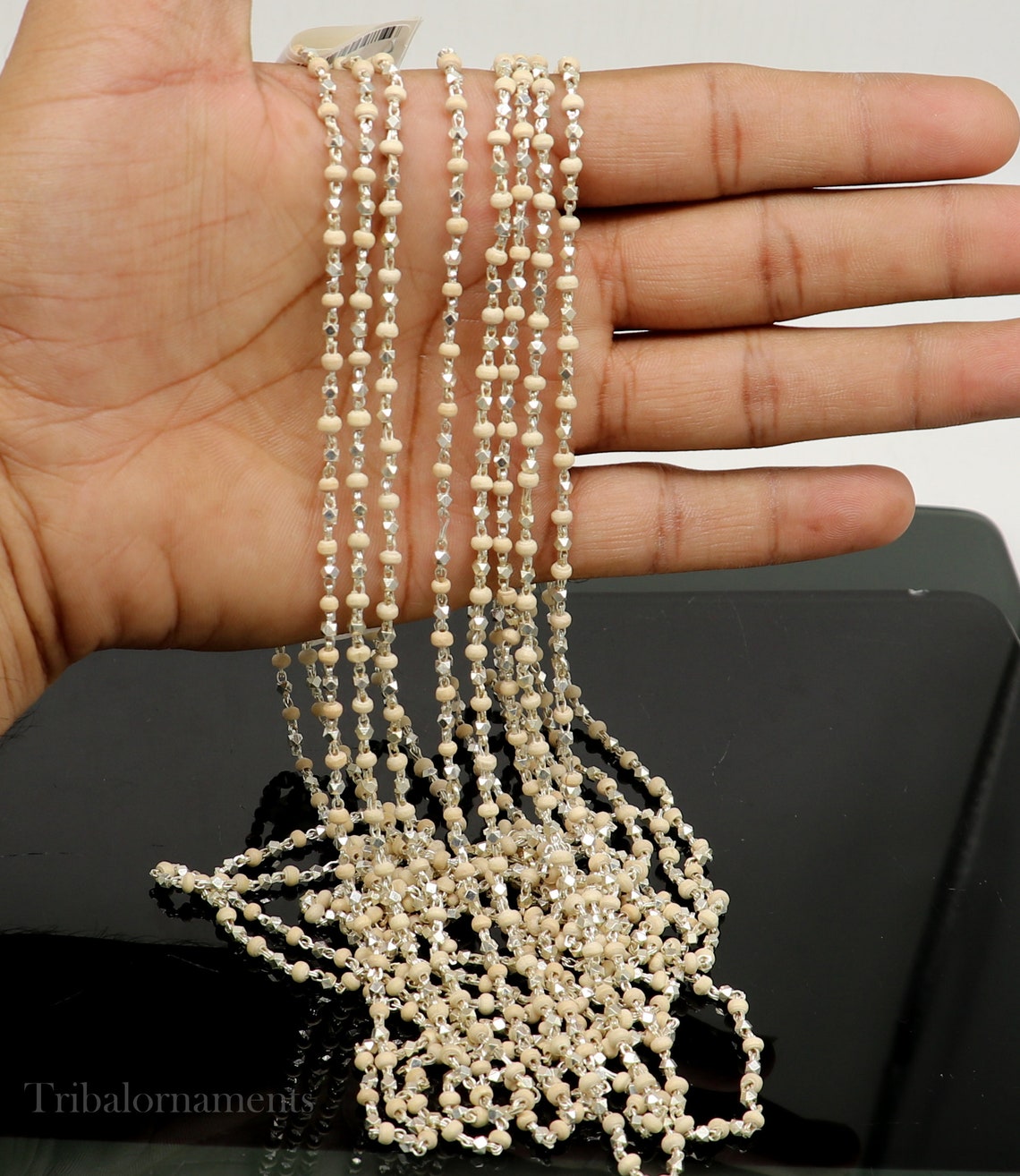 24" Sterling Silver Handmade Wooden Beads Holy Basil Rosary Beads ...