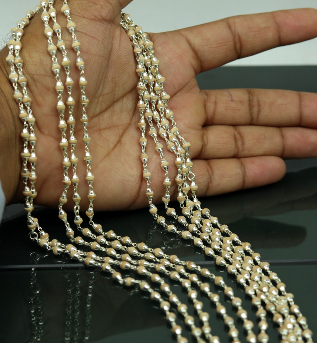22" Sterling Silver Handmade Wooden Beads Basil Rosary Beads Silver ...