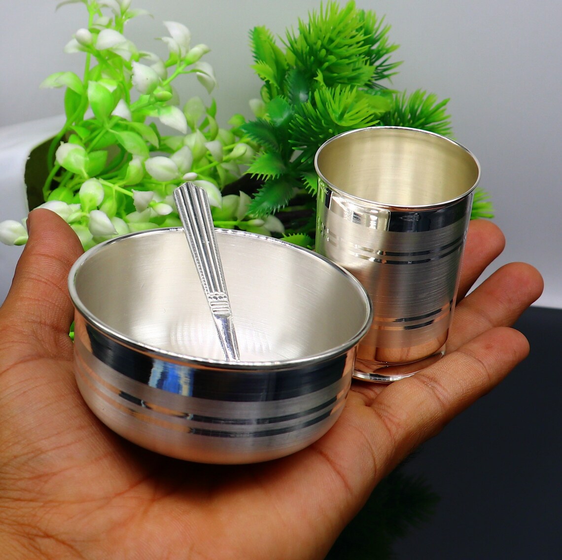 999 Fine Silver Water Milk Glass and Bowl, Silver Tumbler Silver Spoon ...