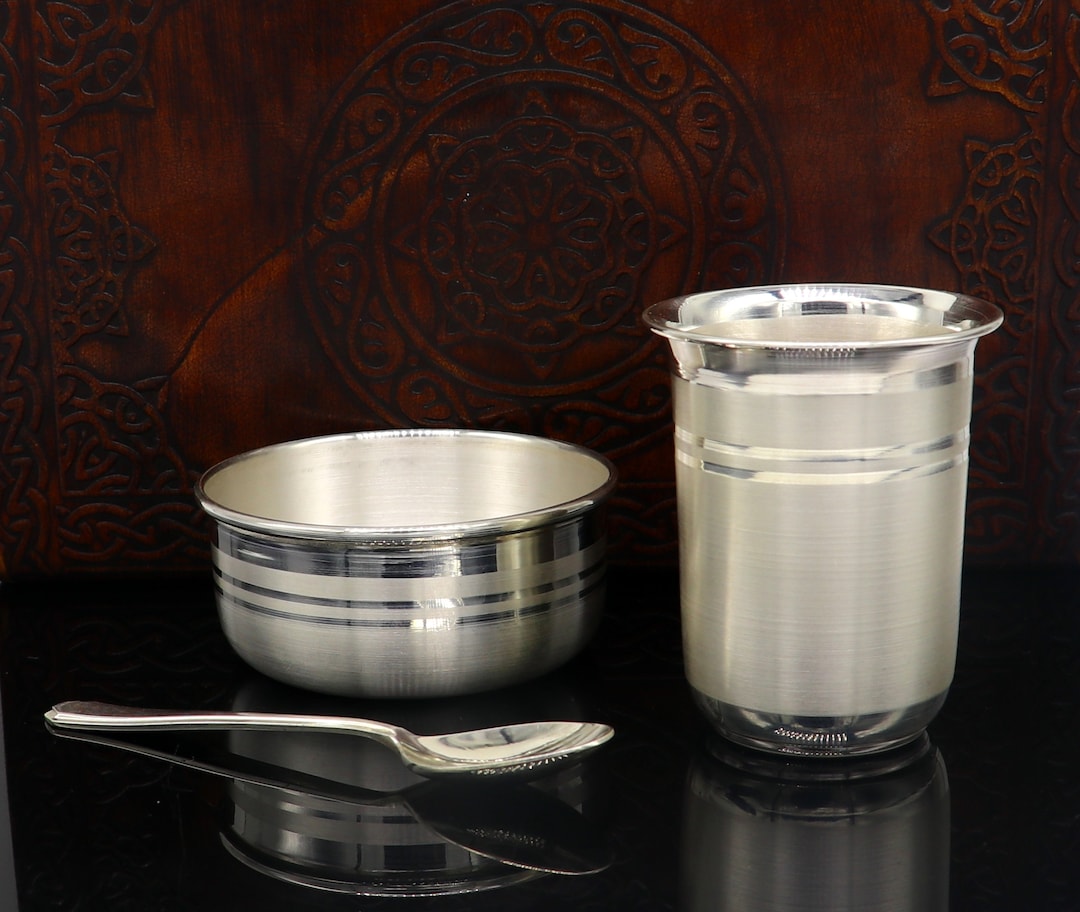 999 Fine Silver Water Milk Glass and Bowl, Silver Tumbler Silver Spoon ...