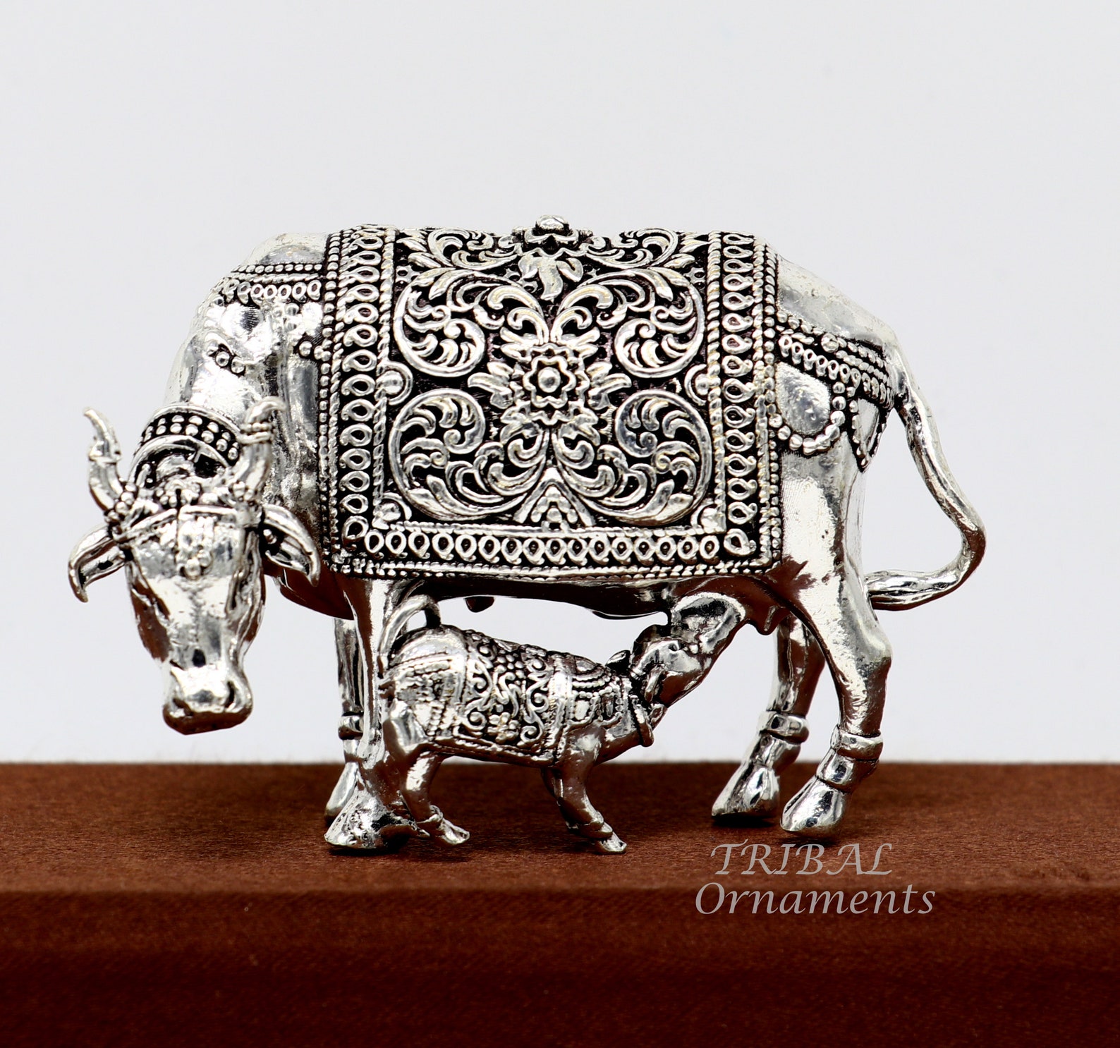 Divine Cow With Calf 925 Sterling Silver Vintage Nakshi Work Design ...
