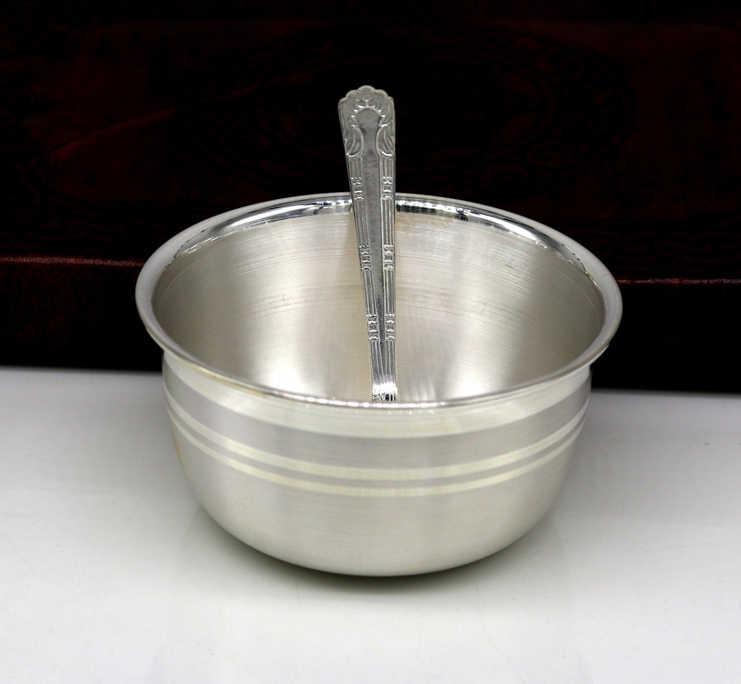 999 Solid Pure Silver Handmade Utensils Bowl and Spoon, Table Serving ...