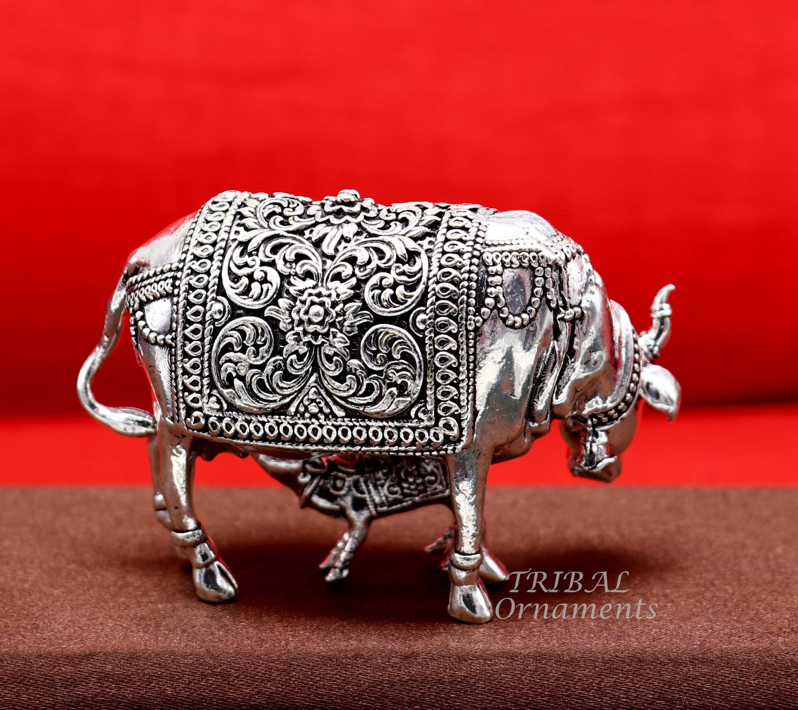 Divine Cow With Calf 925 Sterling Silver Vintage Nakshi Work Design ...