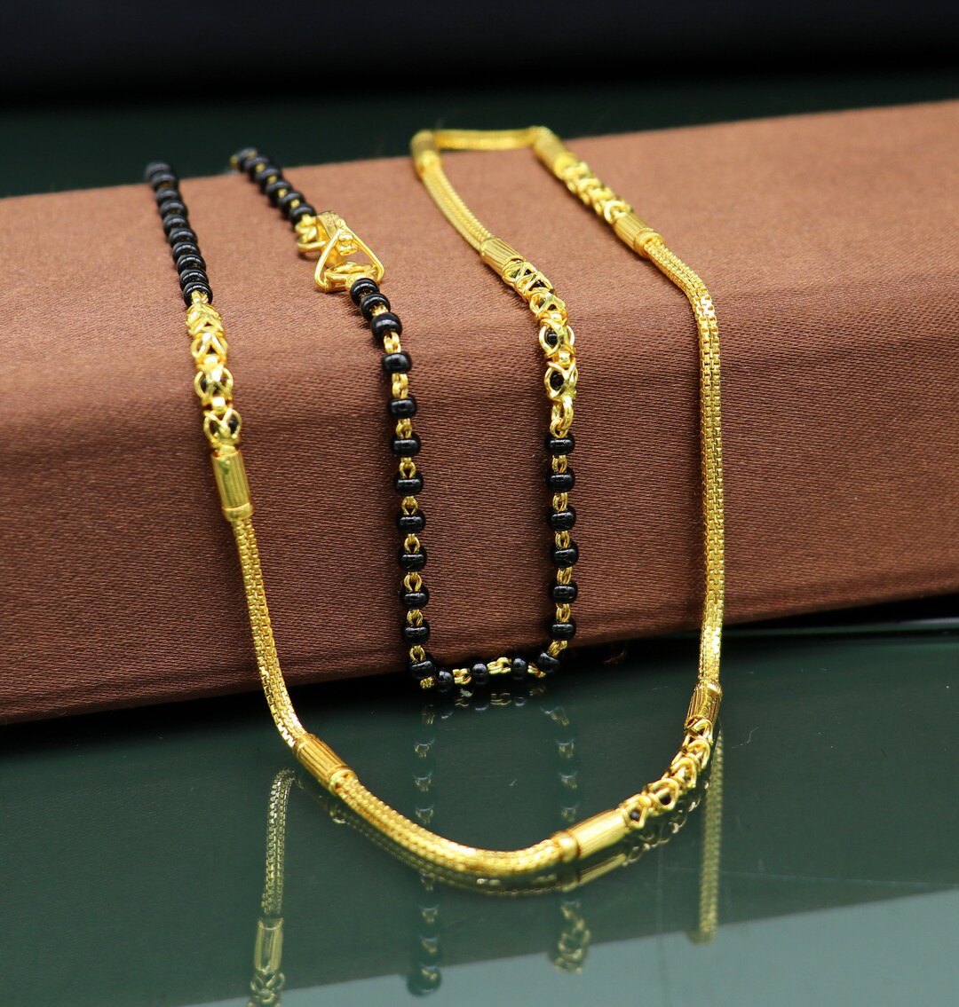 22kt Yellow Gold Custom Made Designer Black Beaded Mangalsutra Chain Necklace Fabulous Girl's ...