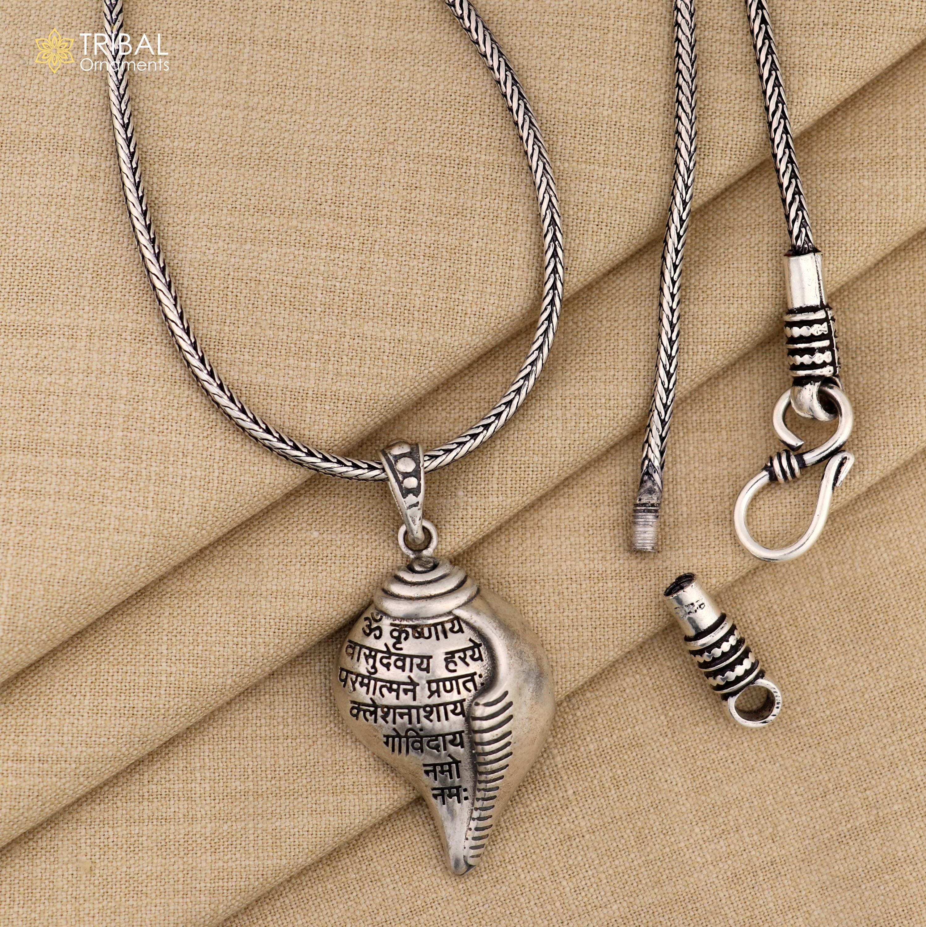 925 Sterling Silver Lord Krishna Mantra Shankha Pendant Tribal Ethnic ...