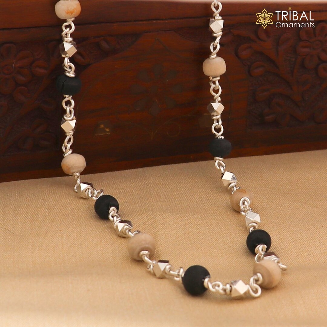 925 Silver Handcrafted Black Basil Rosary Beads With Silver Beads ...