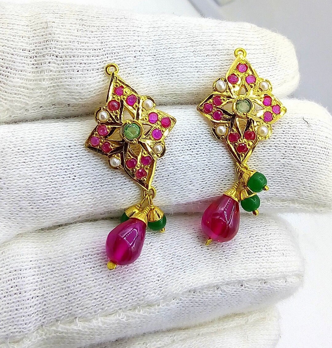 22k Gold Traditional Punjabi India Rajasthan Earrings Pearl Ruby Red ...