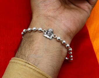 925 Sterling Silver Handmade SAI Baba Design Rakhi Bracelet Available in Rudraksha Black Basil Tulsi or Silver Beaded Bracelet rk234