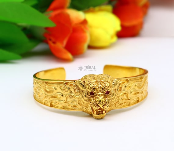 925 Sterling Silver Handmade Excellent Lion Face Solid Cuff Kada Gold Polished Bracelet Amazing Bracelet Vintage Style Men s Jewelry Cuff147 Etsy