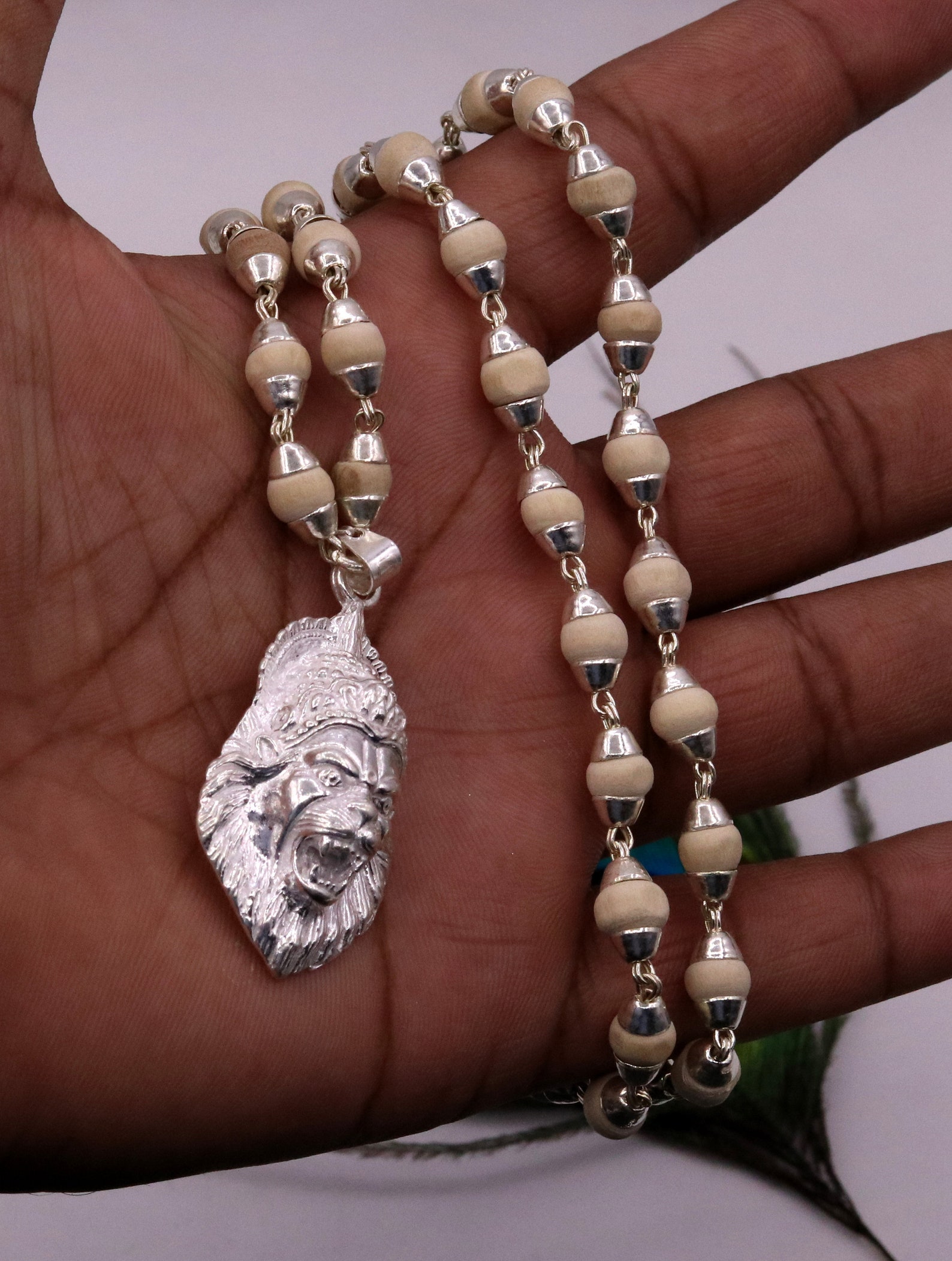 Sterling Silver Lord Vishnu Avatar Narsimha Pendant With Basil Rosary ...