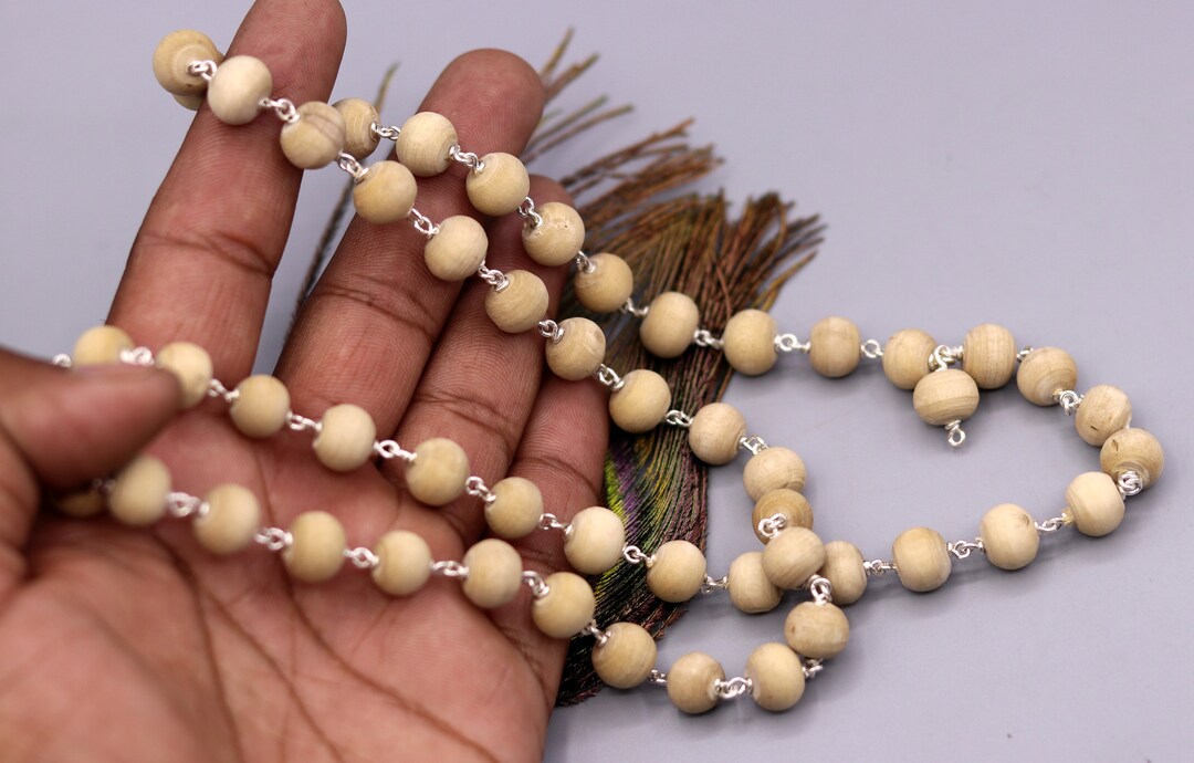 925 Solid Silver Tulsi Chain Mala Tulsi Wooden Handcrafted 54 Beads ...