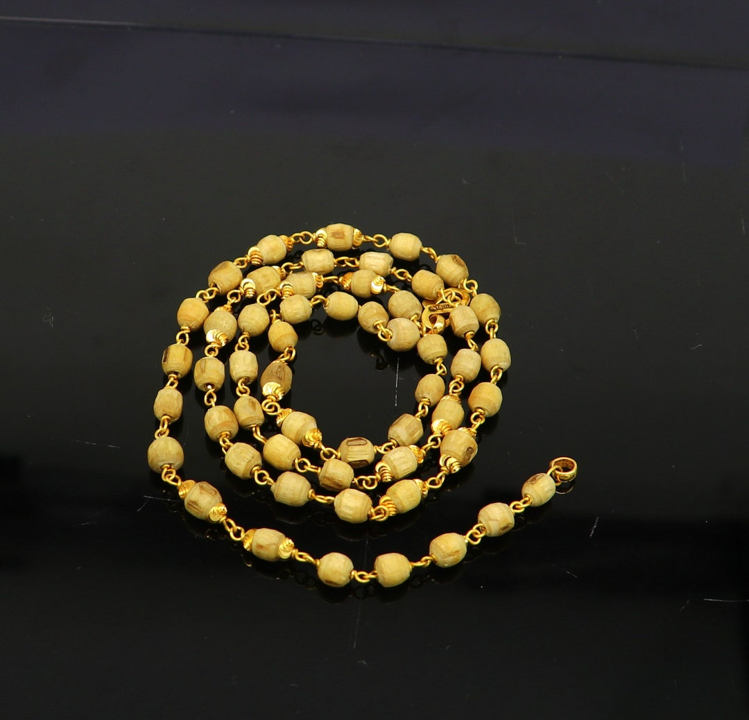 22kt Yellow Gold Handmade Customized Basil Rosary Wooden Beads Chain ...